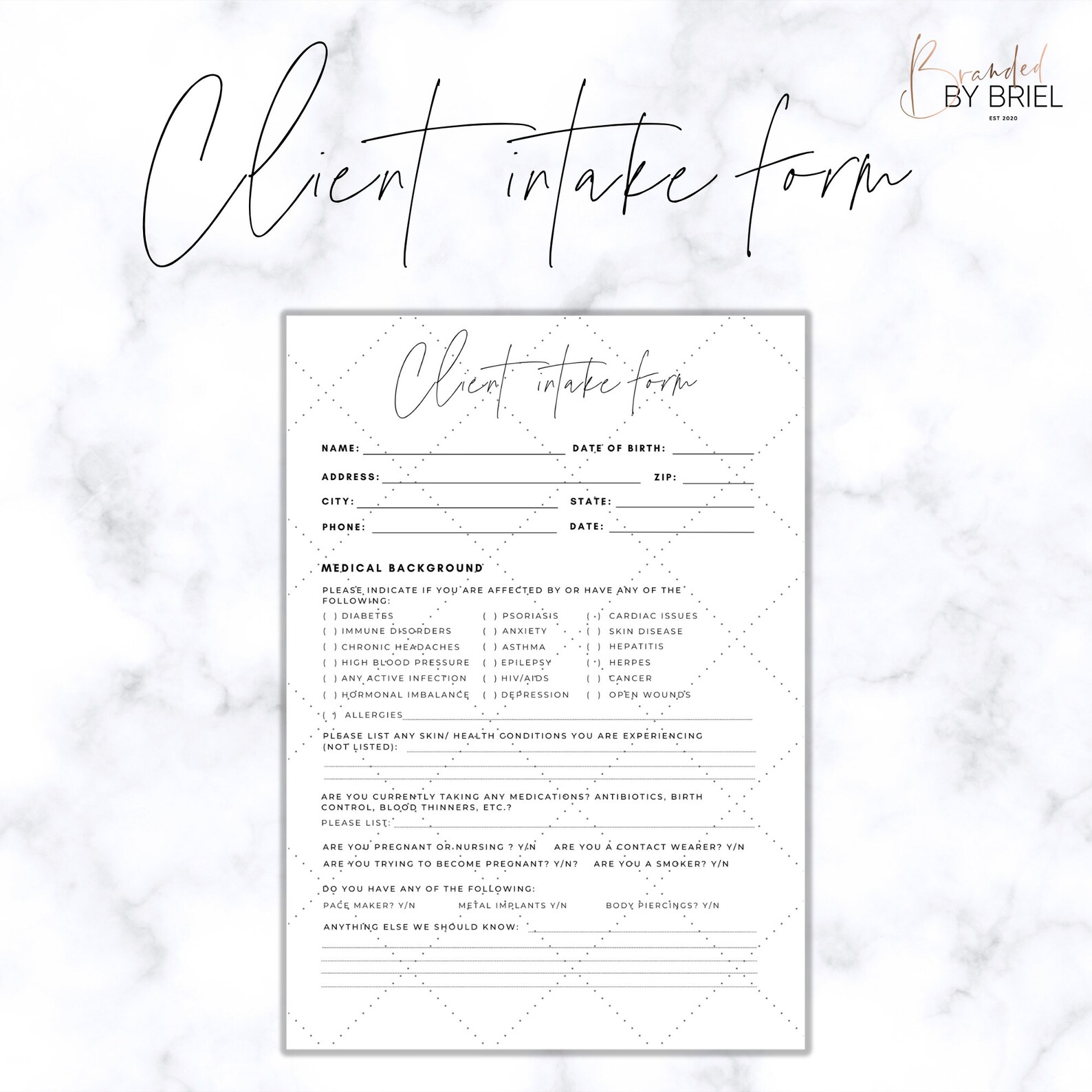 Simple Client Intake Form and Client Self-assessment for Estheticians ...