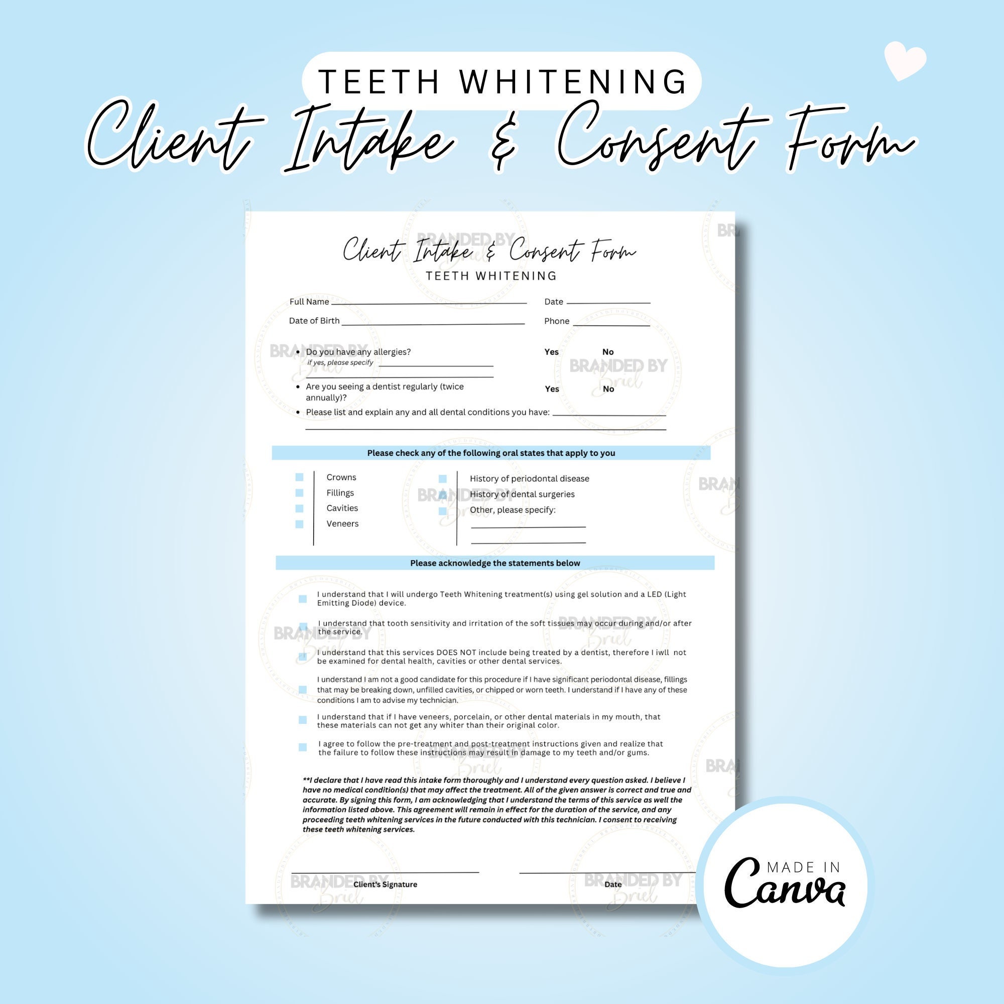 Editable Teeth Whitening Intake and Consent Form Template - Etsy
