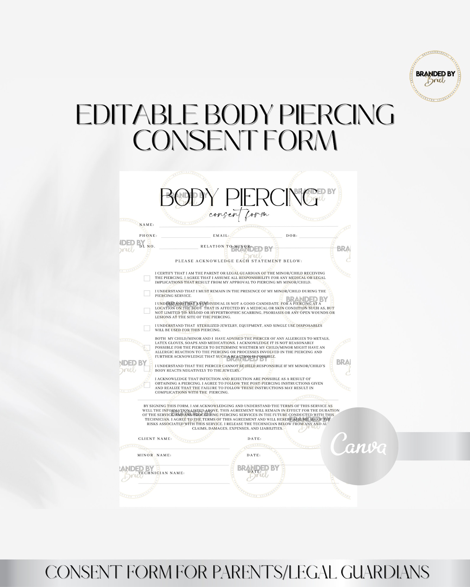 Editable Body Piercing Consent Form Template - Etsy