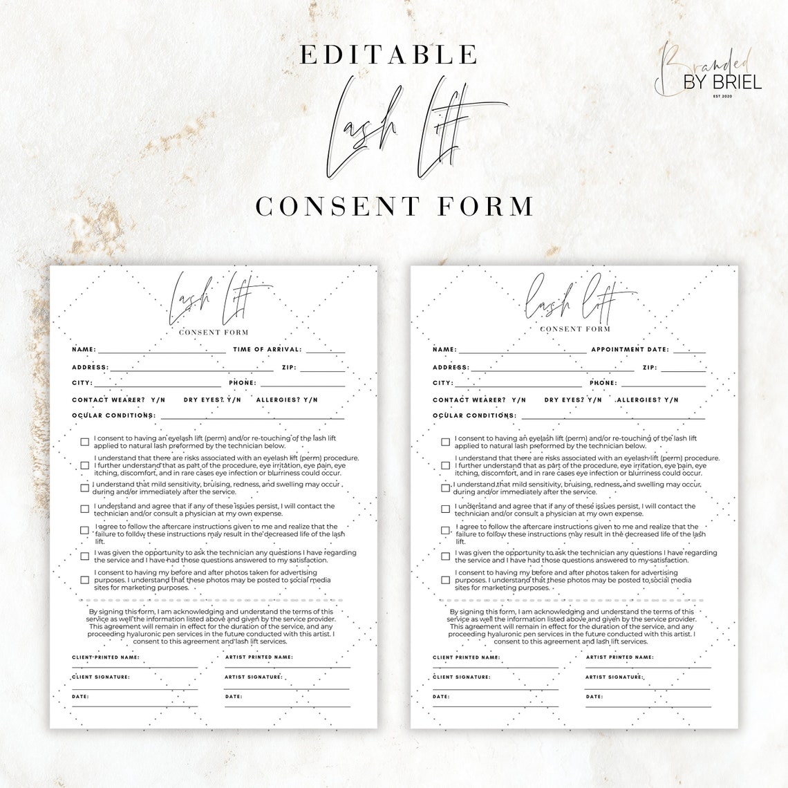 EDITABLE Simple Eyelash Lift Consent Form - Etsy