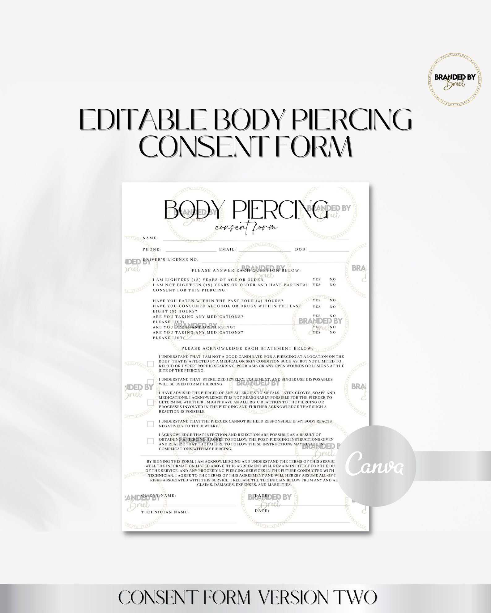 Editable Body Piercing Consent Form Template - Etsy