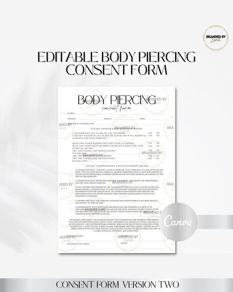 Editable Body Piercing Consent Form Template - Etsy