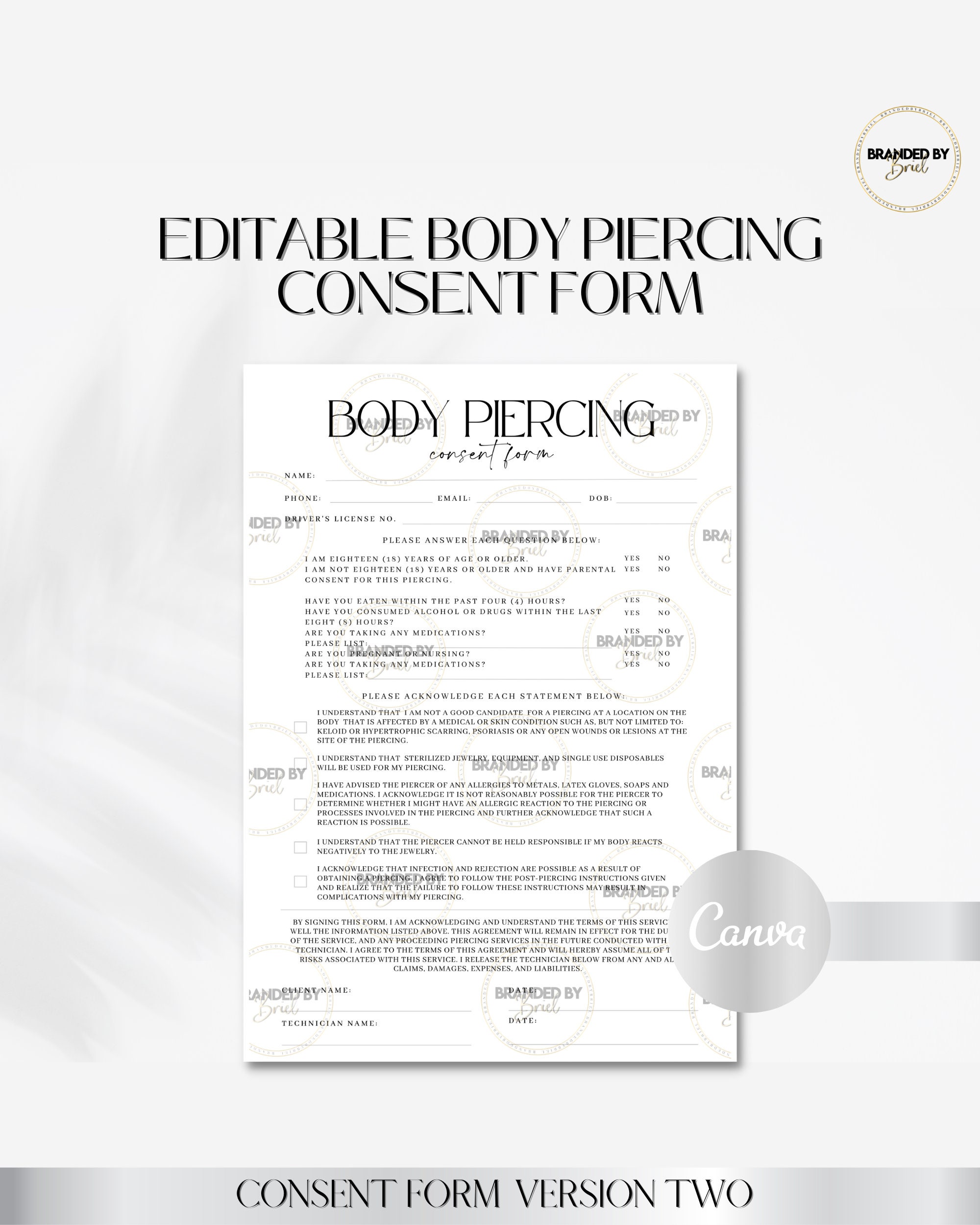 Editable Body Piercing Consent Form Template - Etsy