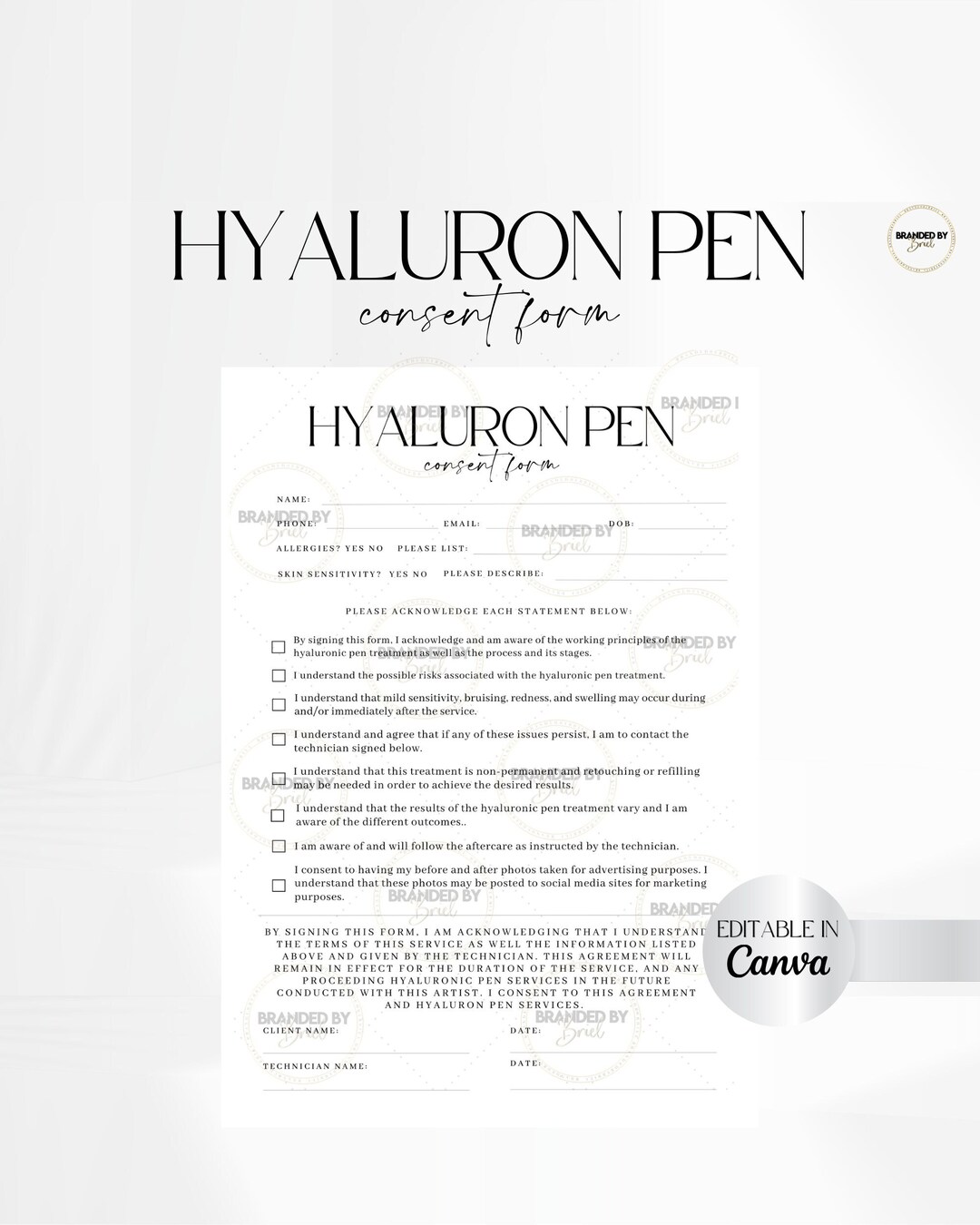 Editable Hyaluron Pen Consent Form With Info Page - Etsy