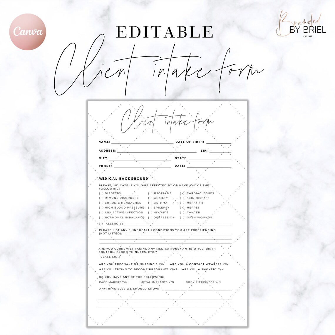 Editable Client Intake Form And Client Self Assessment For Estheticians