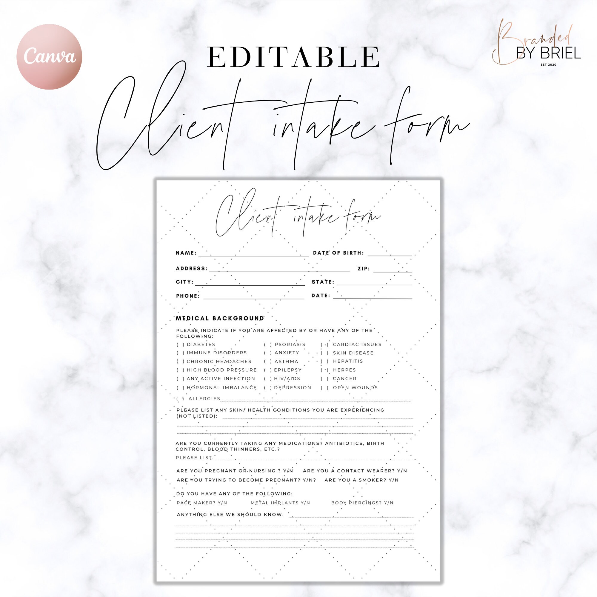 EDITABLE Client Intake Form and Client Self-assessment for Estheticians ...