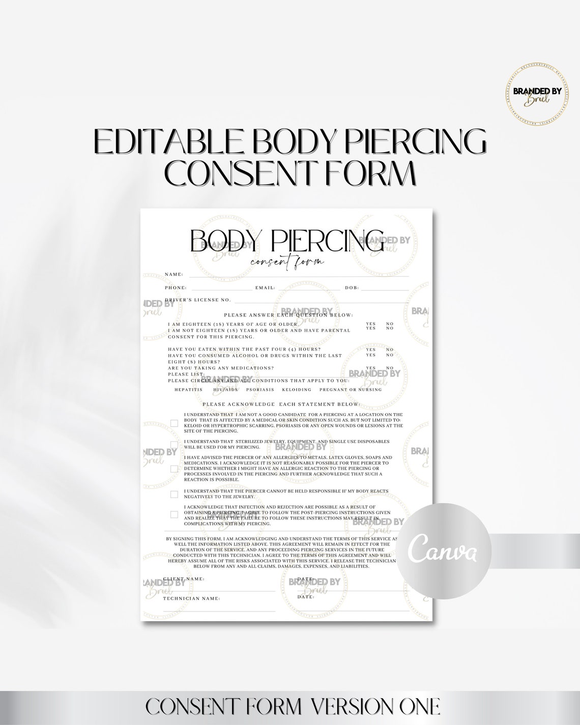 Editable Body Piercing Consent Form Template - Etsy