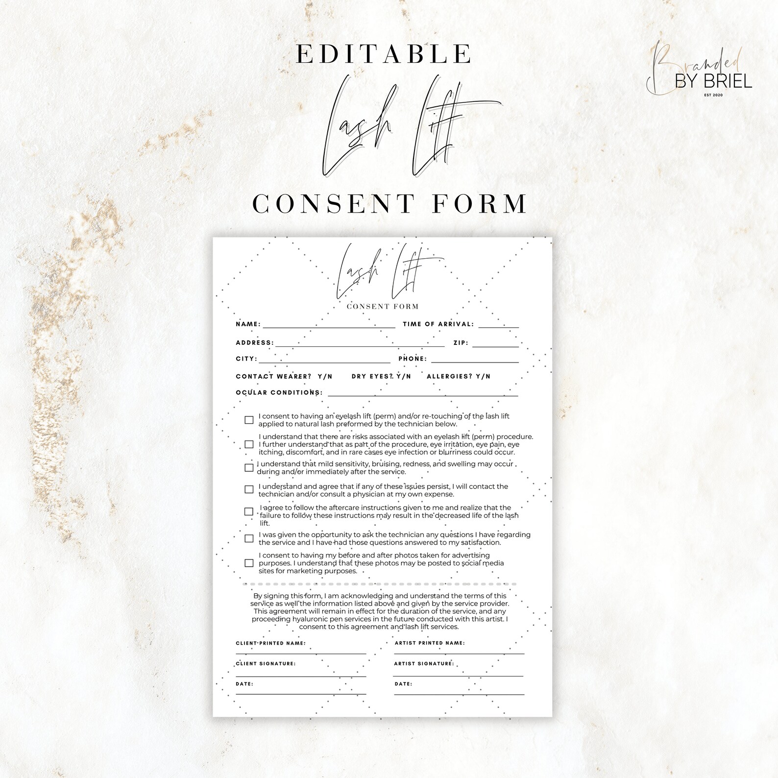 EDITABLE Simple Eyelash Lift Consent Form - Etsy