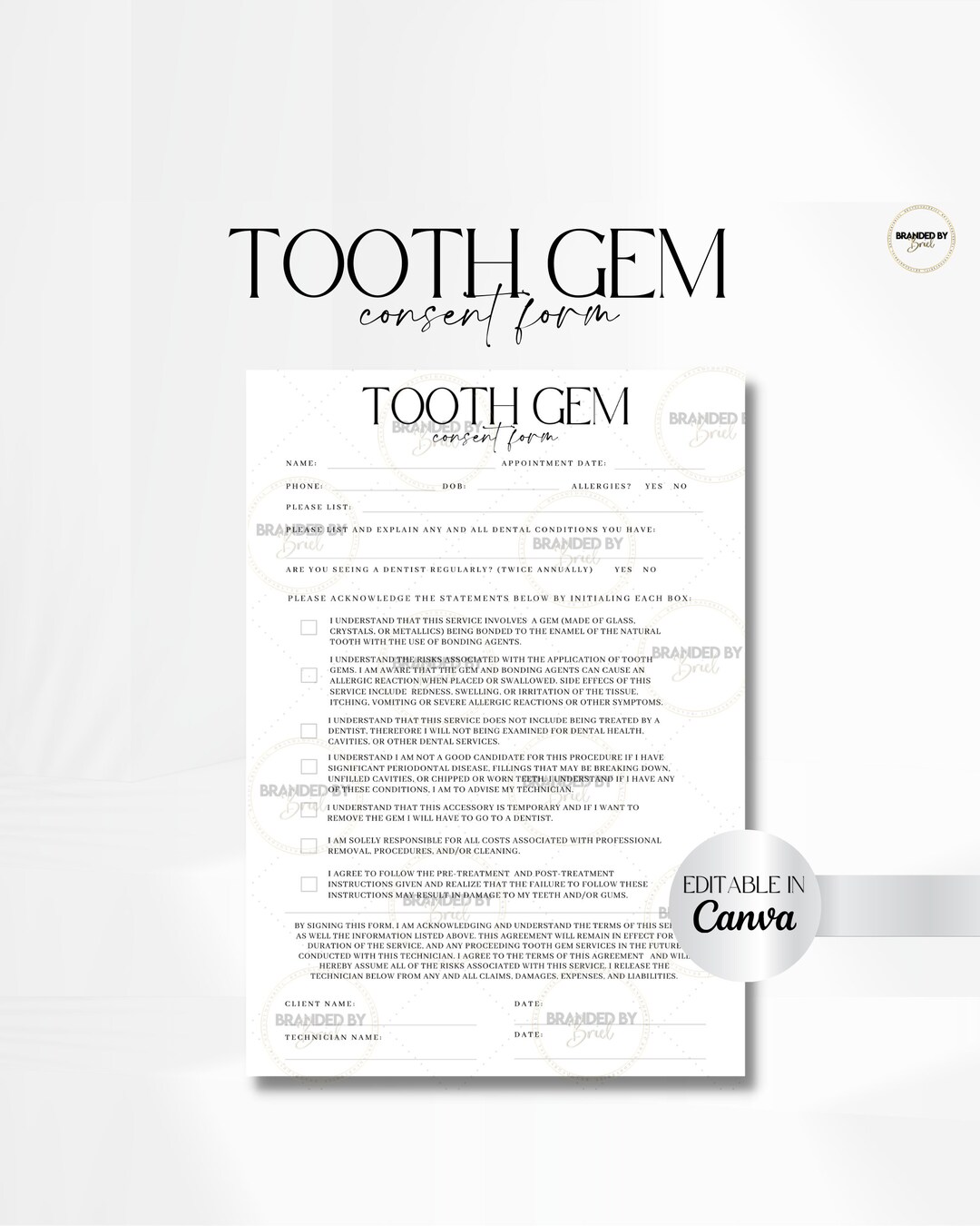 Editable Tooth Gem Consent Form Template - Etsy