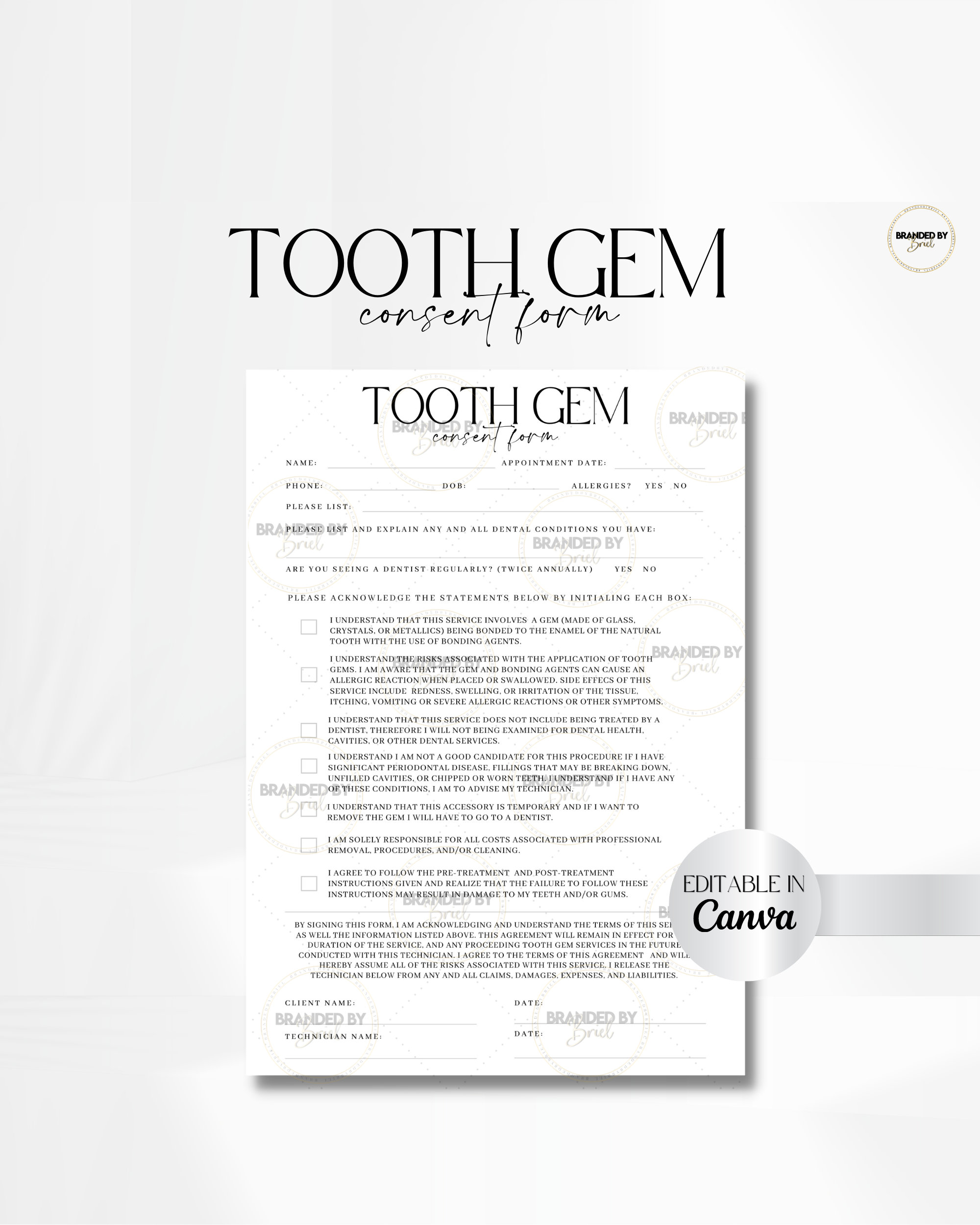 Editable Tooth Gem Consent Form Template - Etsy Canada