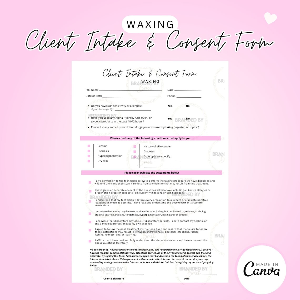 Editable Waxing Client Intake and Consent Form - Etsy