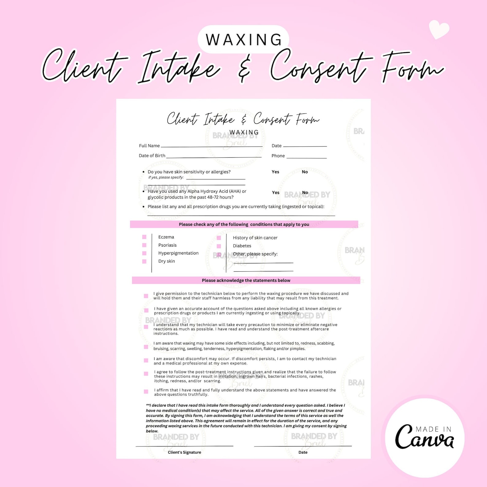 Editable Waxing Client Intake and Consent Form - Etsy