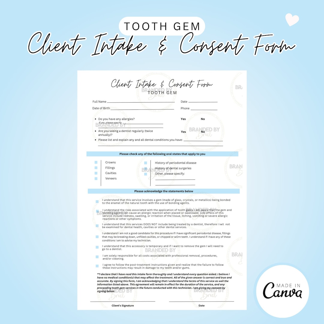 Editable Tooth Gem Consent Form Template - Etsy