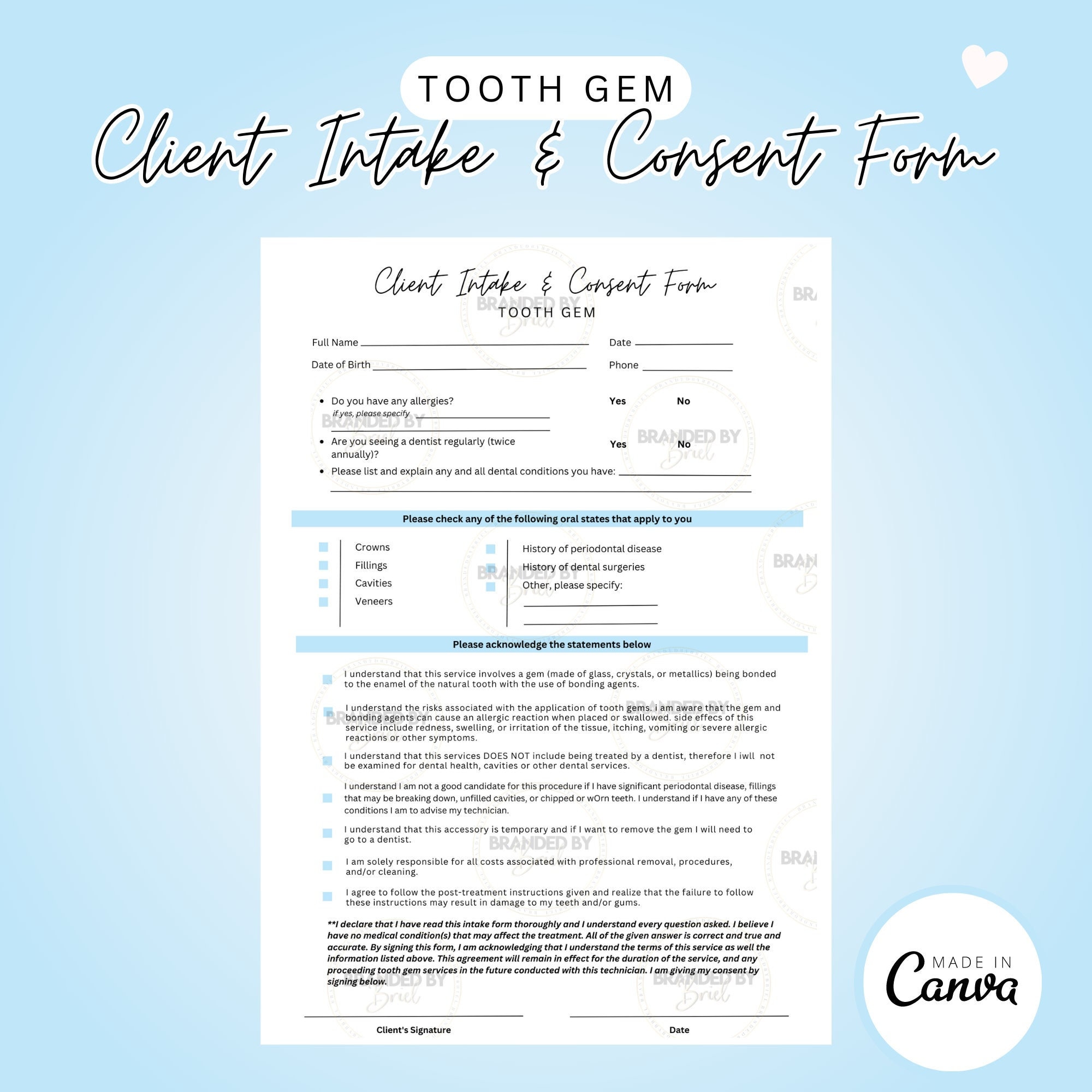Editable Tooth Gem Consent Form Template - Etsy