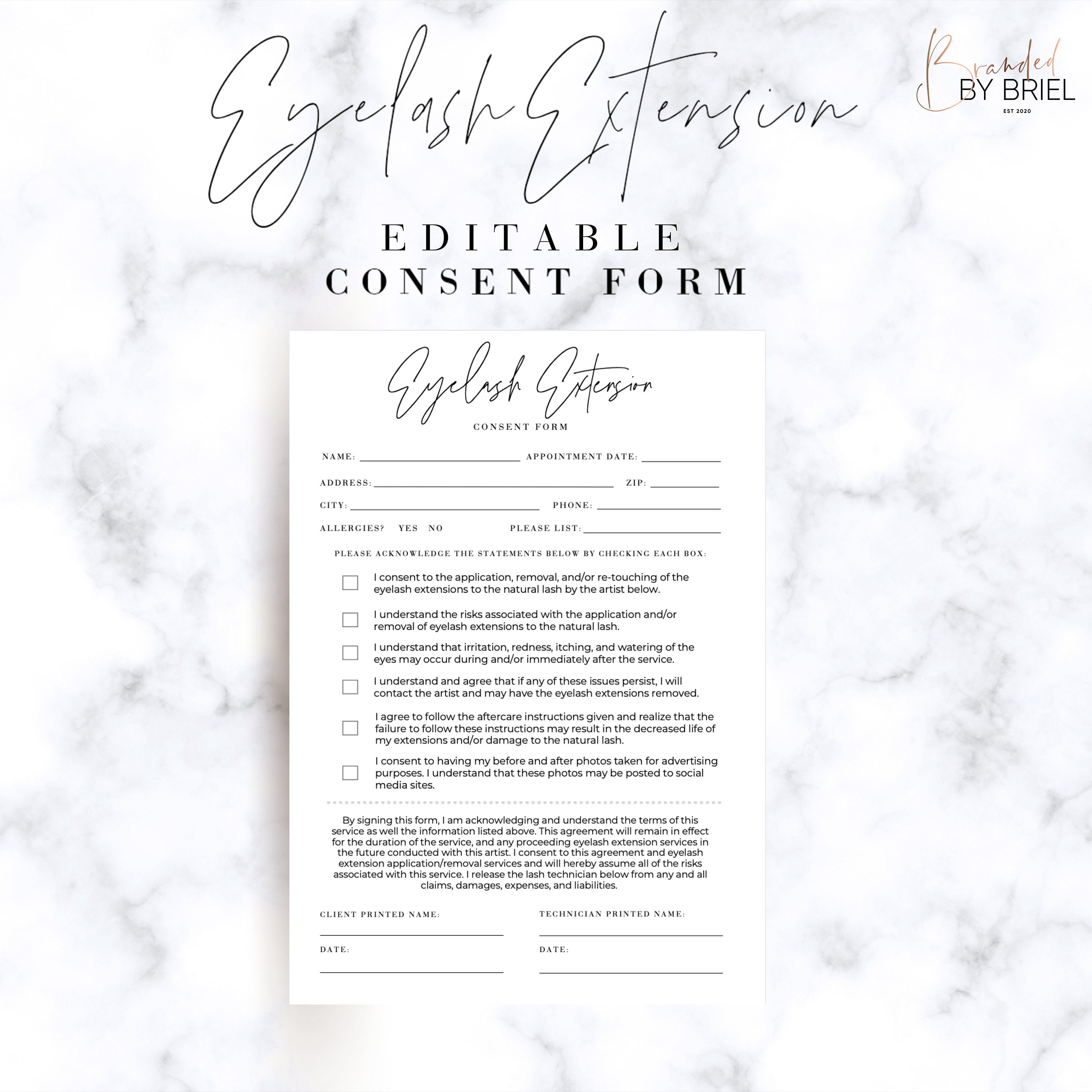 Editable Eyelash Extensions Consent Form and Aftercare Instructions - Etsy