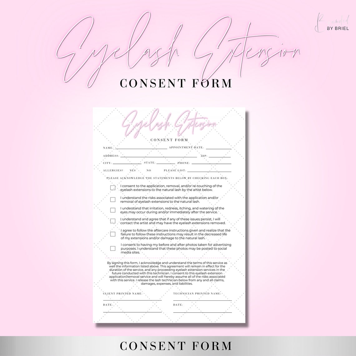PINK Eyelash Extensions Consent Form PRINTABLE & DOWNLOADABLE! - Etsy