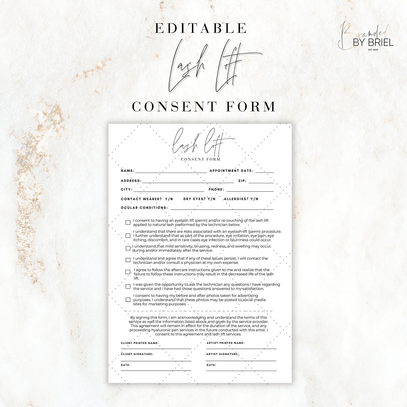 EDITABLE Simple Eyelash Lift Consent Form - Etsy