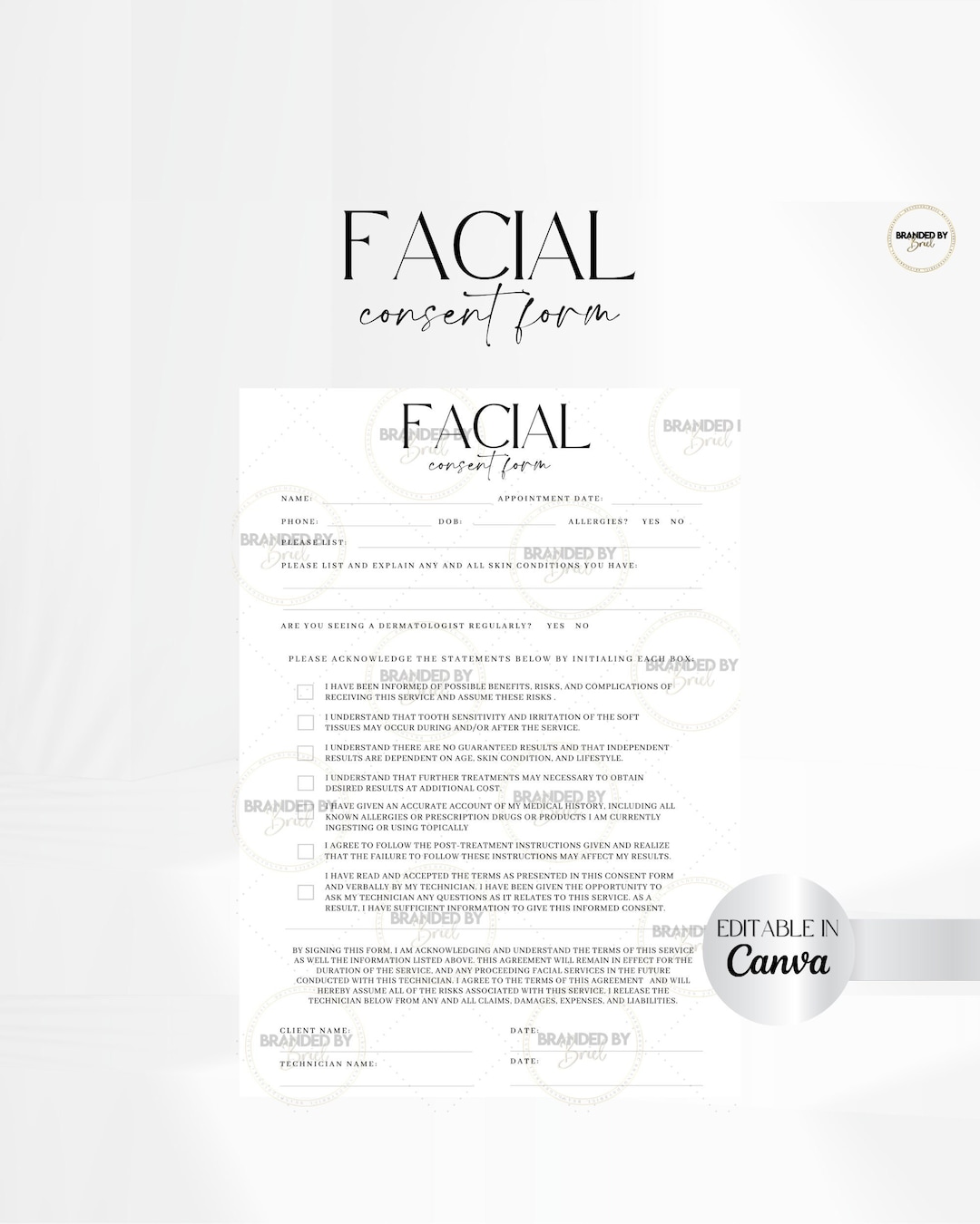 EDITABLE Facial Consent Form - Etsy