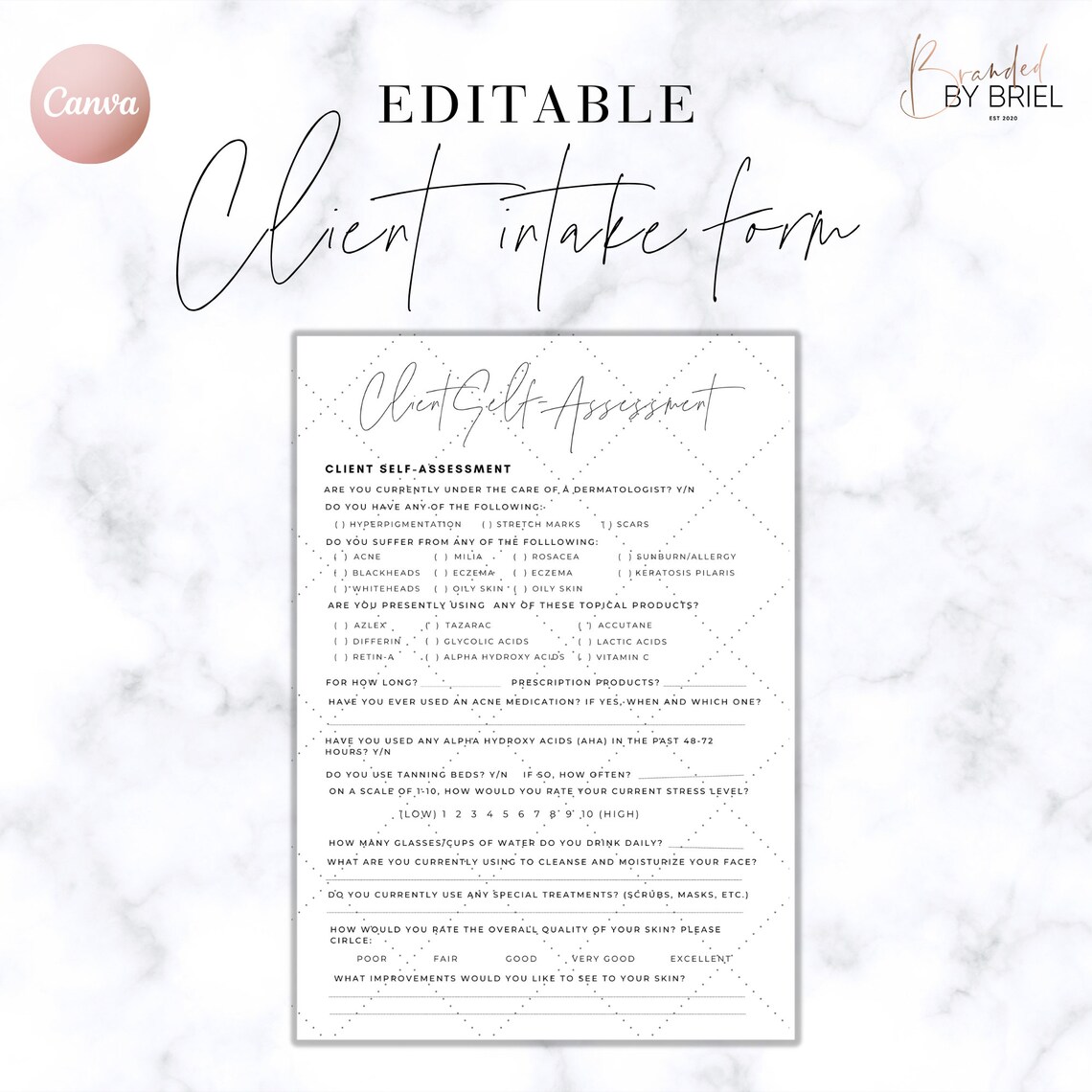 EDITABLE Client Intake Form and Client Self-assessment for Estheticians ...