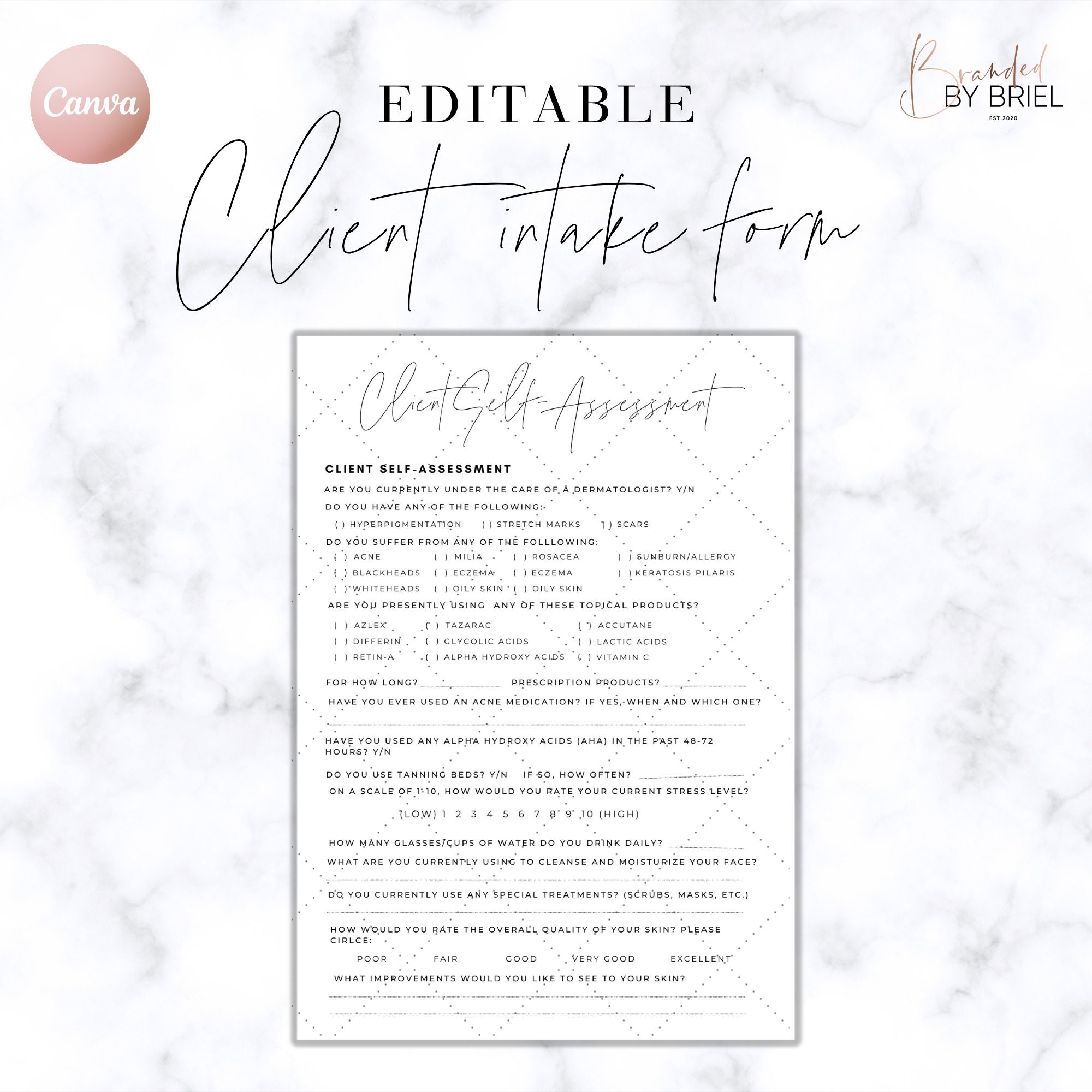 EDITABLE Client Intake Form and Client Self-assessment for Estheticians ...