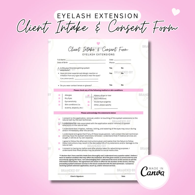 Editable Simple Eyelash Extensions Intake and Consent Form - Etsy