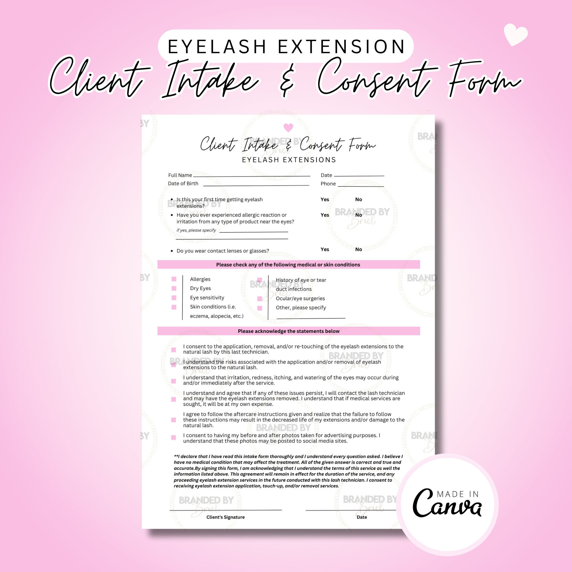 Editable Simple Eyelash Extensions Intake and Consent Form - Etsy