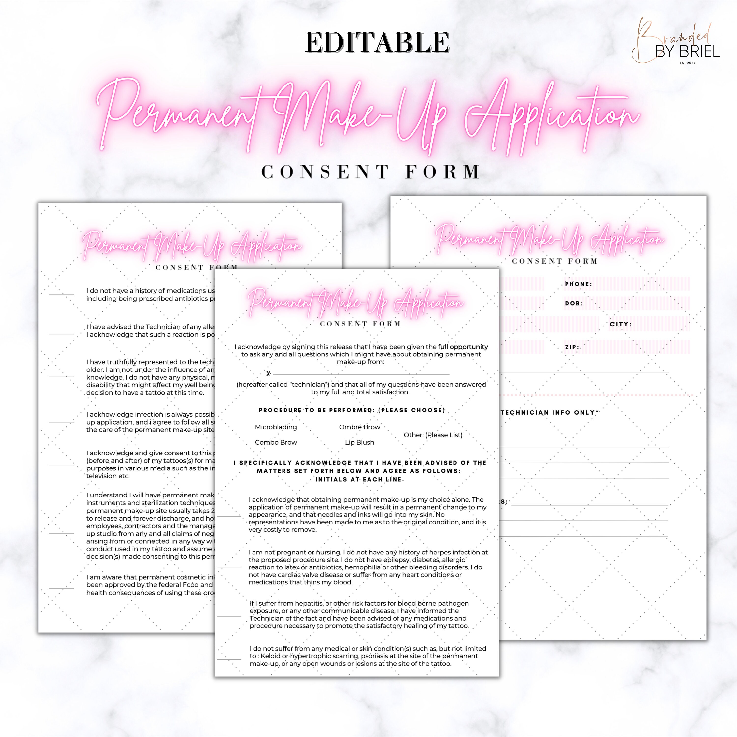 Editable Pink Permanent Makeup Consent Form - Etsy