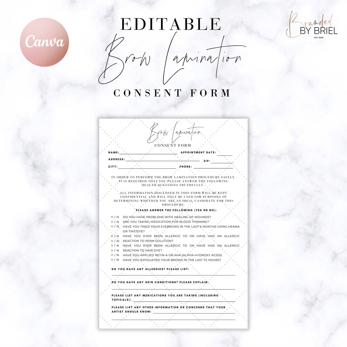 EDITABLE Brow Lamination Consent Form - Etsy