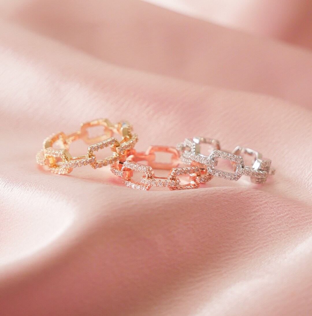 Chain Link CZ Cystral Paved Ring -iced Out Chain Link Ring, 18K Gold Plated Ring, Staking Ring ...