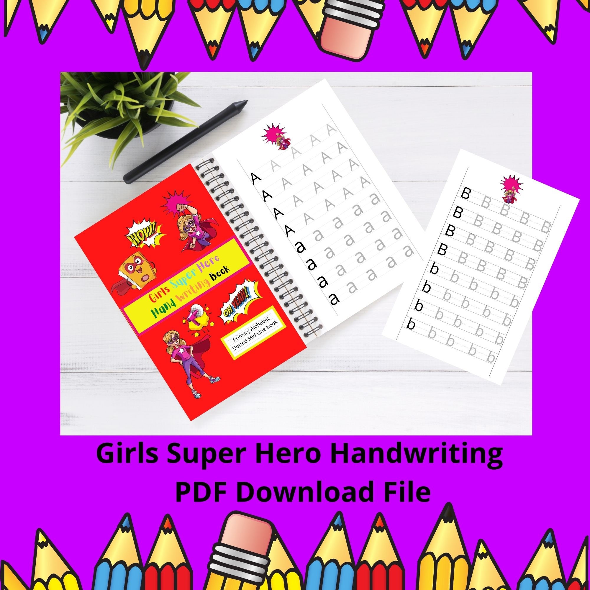 Girls Super Hero Handwriting Book Pages, PDF Download File, Printable ...