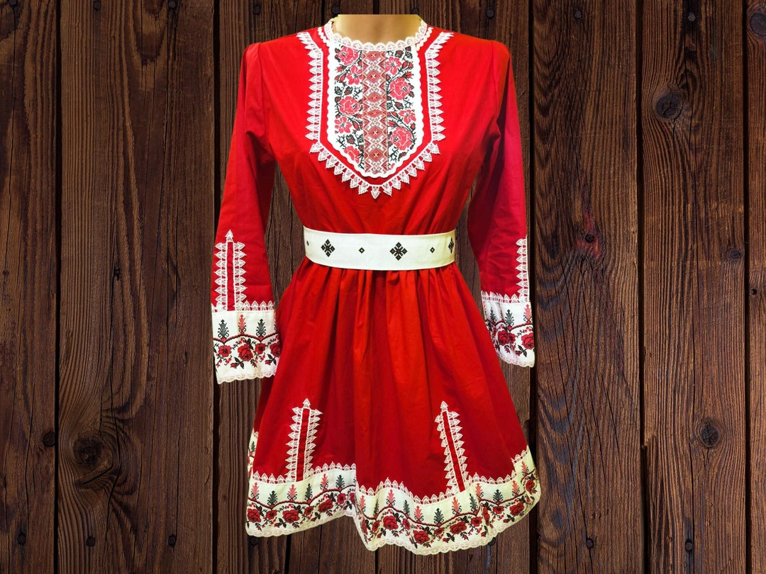 Red Floral Bulgarian Dress, Bulgarian Folk Nouveau Dress, Summer ...