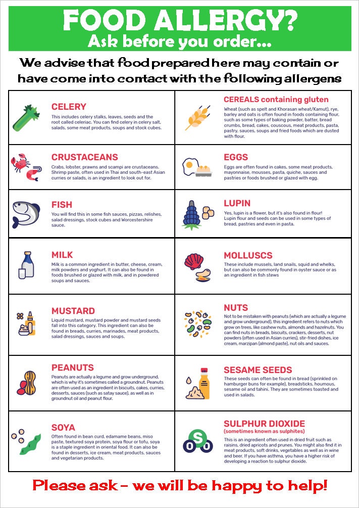 Food Allergy Allergen Sign A4 Laminated Restaurant Cafe - Etsy UK