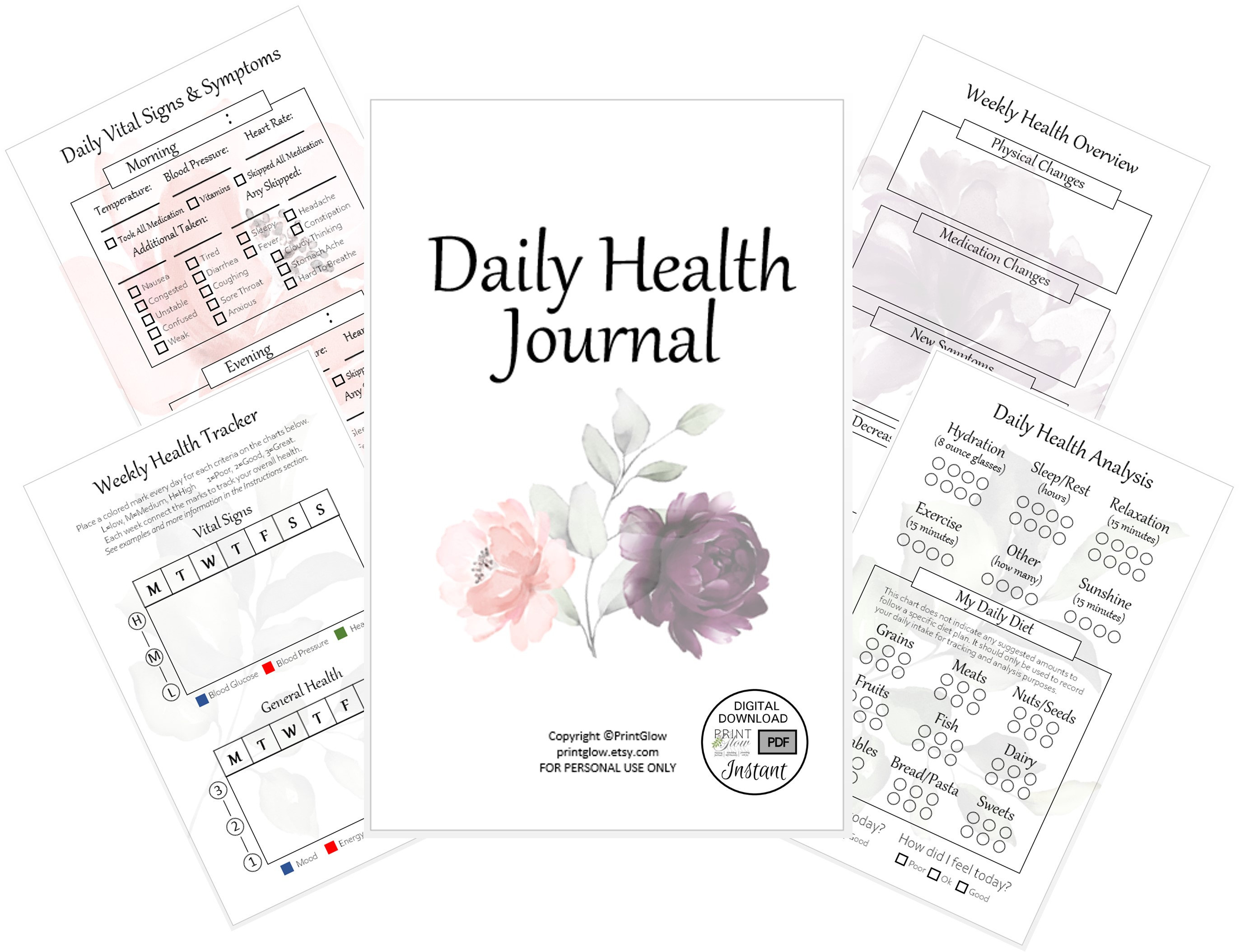 Floral Daily Health Journal: Printable Digital Health Journal Medical ...