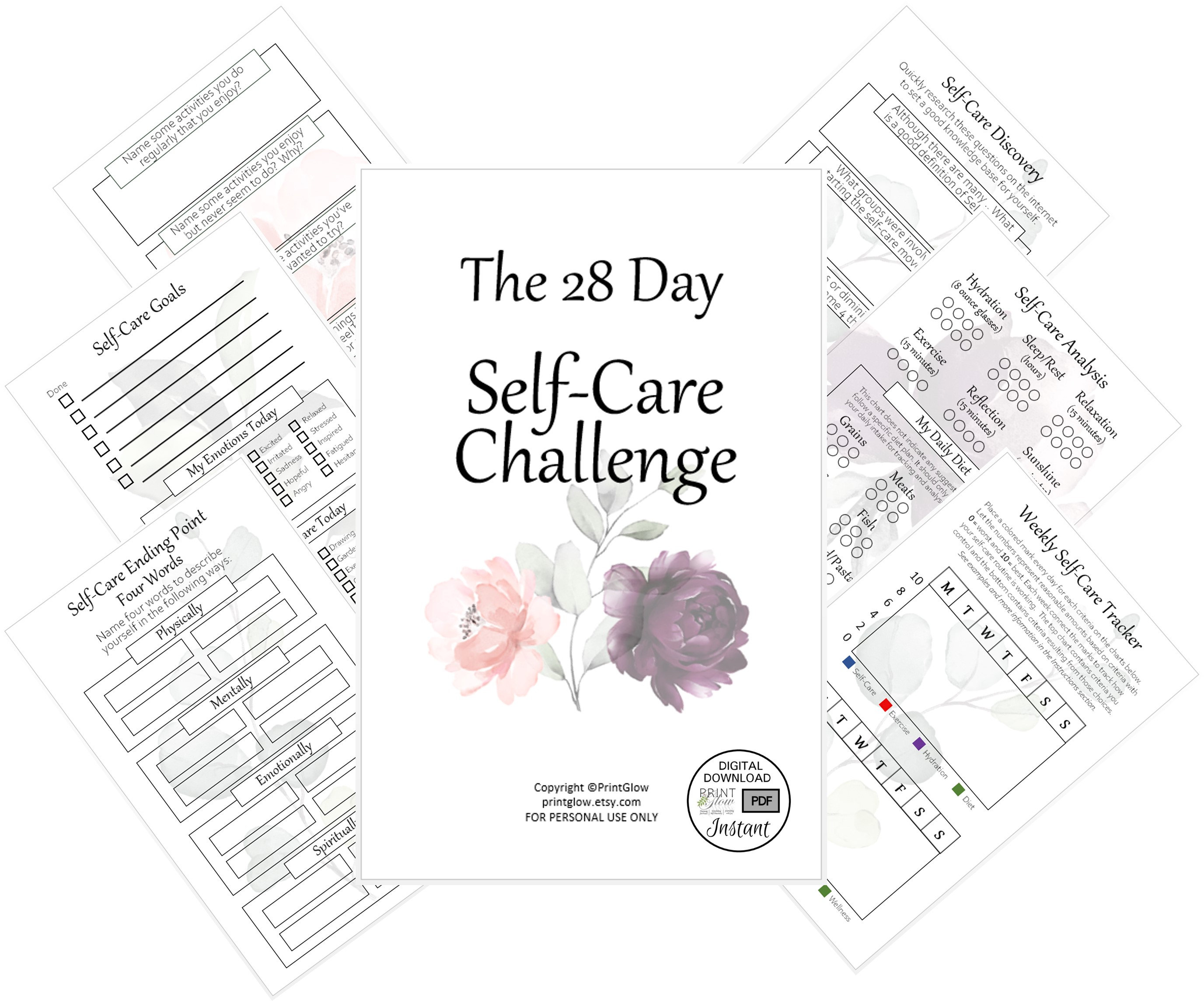 Floral Self-care Challenge: Printable Digital Planner Self-care Journal ...
