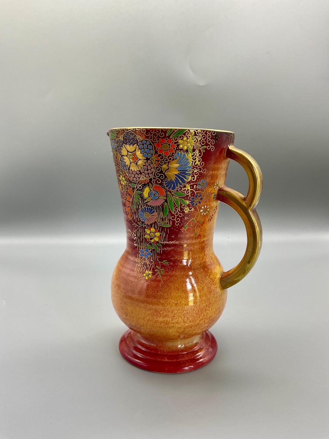 Crown Devon Stacked Handle Jug in Orange and Red Lustre Glaze and ...