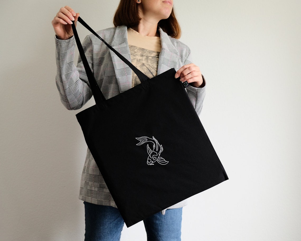 Black Tote Bag With Hand Embroidery Koi Fish Aesthetic Eco | Etsy