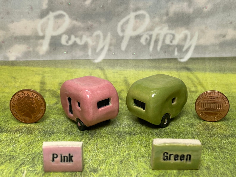 Miniature Ceramic Caravan Trailers - Stoneware Pottery in Green & Pink ...