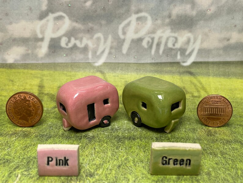 Miniature Ceramic Caravan Trailers - Stoneware Pottery in Green & Pink ...