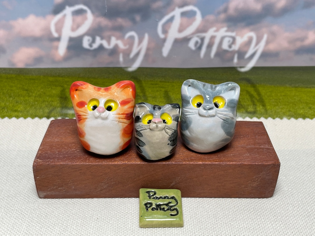Miniature Ceramic Cat Families. 2 Cats and Their Kitten. Designed and ...