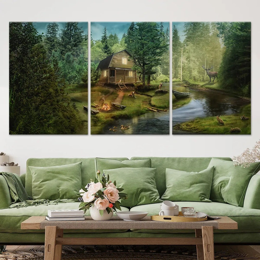 Cabin Canvas Wall Art, Forest Canvas Print, Landscape Wall Decor, Large ...