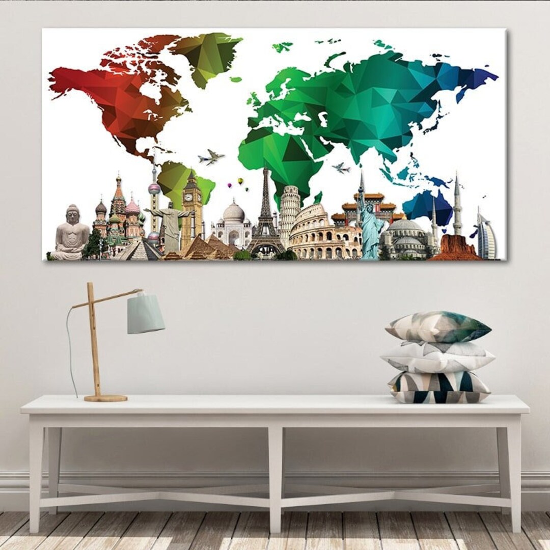 World Map Wall Art Colorful World Map Horizontal Wall Art Trendy Large ...