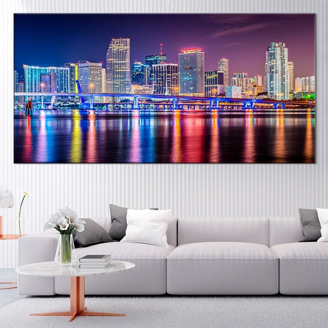 Miami Skyline Canvas Print Set Panoramic Sunset Giclee Wall Art Vibrant ...
