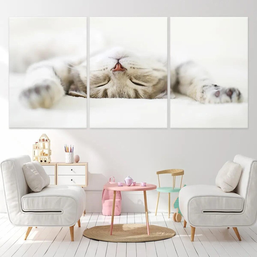 Animal Wall Art Sleeping Cat Triptych Canvas Print, Large Cute Pet ...