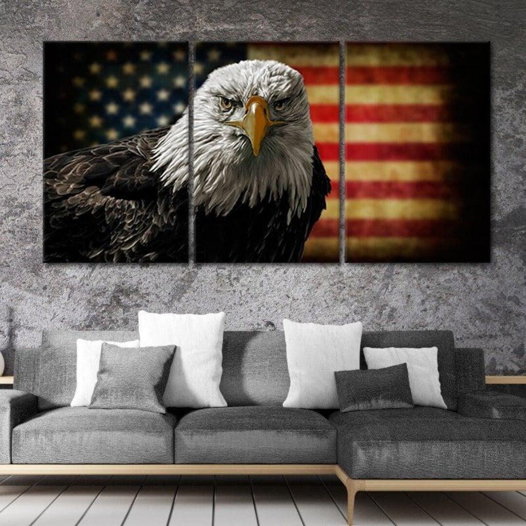 Flag Wall Art, Large Patriotic Bald Eagle Canvas Print, Rustic ...