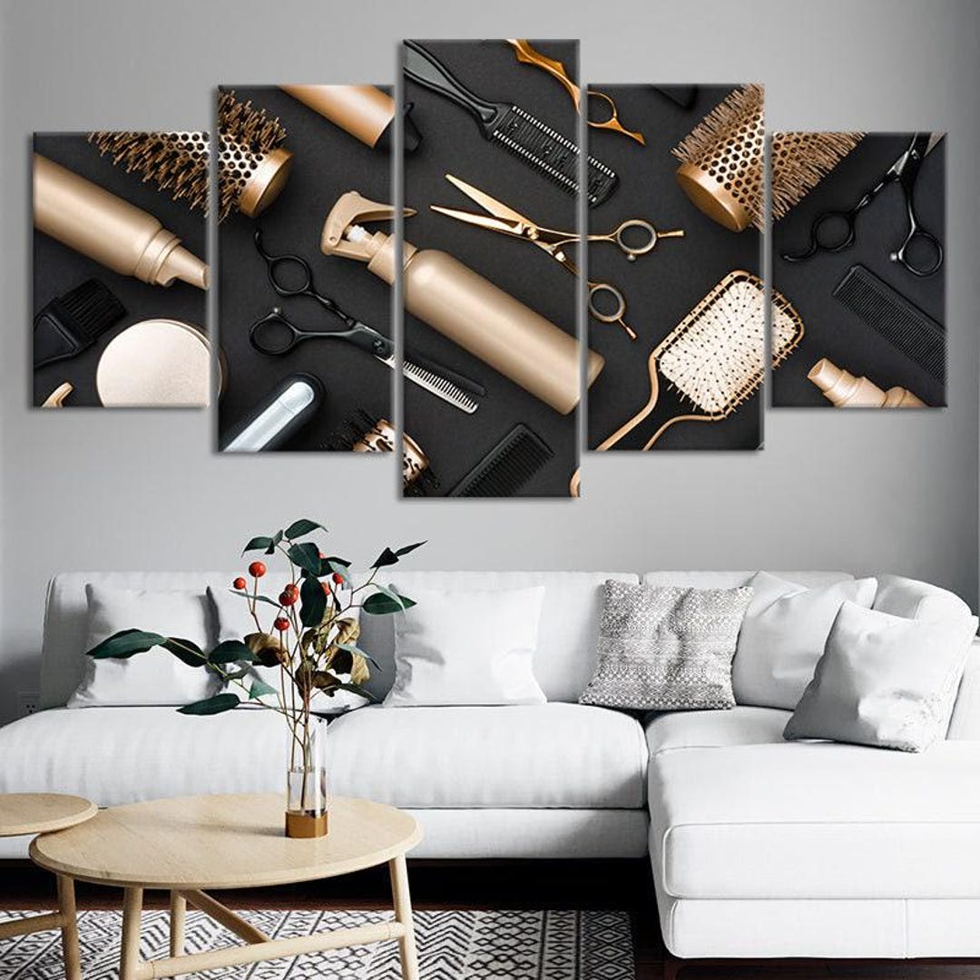 Gold Hairdresser Tools Canvas Print, Stylist's Elegance Wall Art, Salon ...