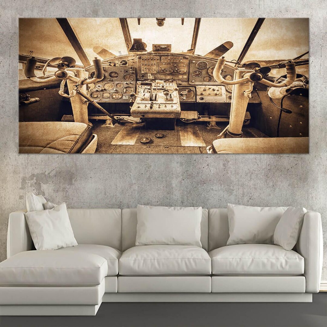 Aviation Wall Art Vintage Cockpit Photo Canvas Print, Large Retro ...
