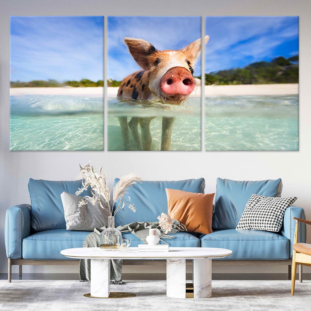 Swimming Pigs of Exuma Canvas Print Whimsical Bahamas Beach Art, Mini Pig Tropical Wall Poster ...