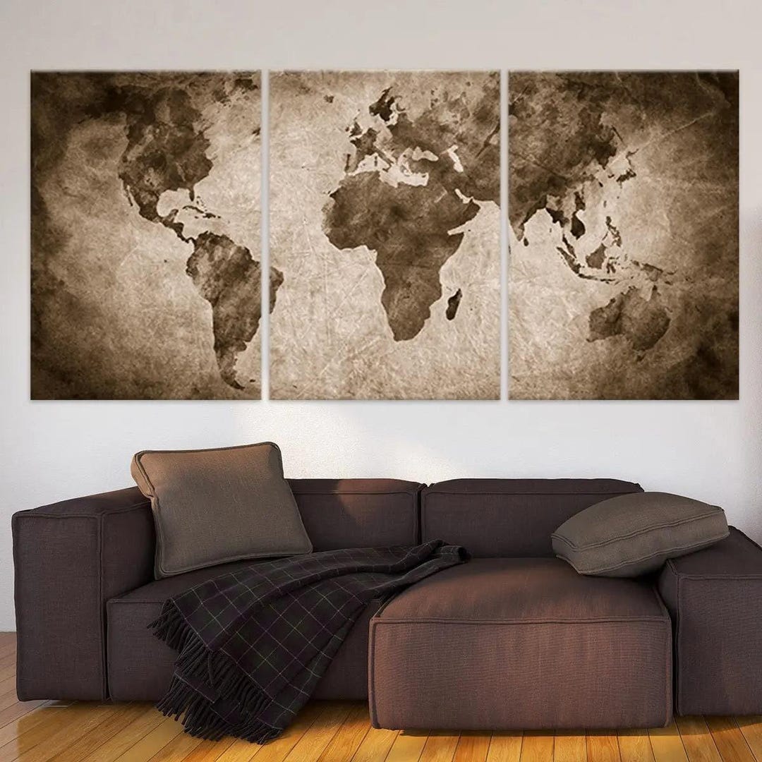World Map Wall Art, Large Vintage Map of the World Canvas, Neutral ...