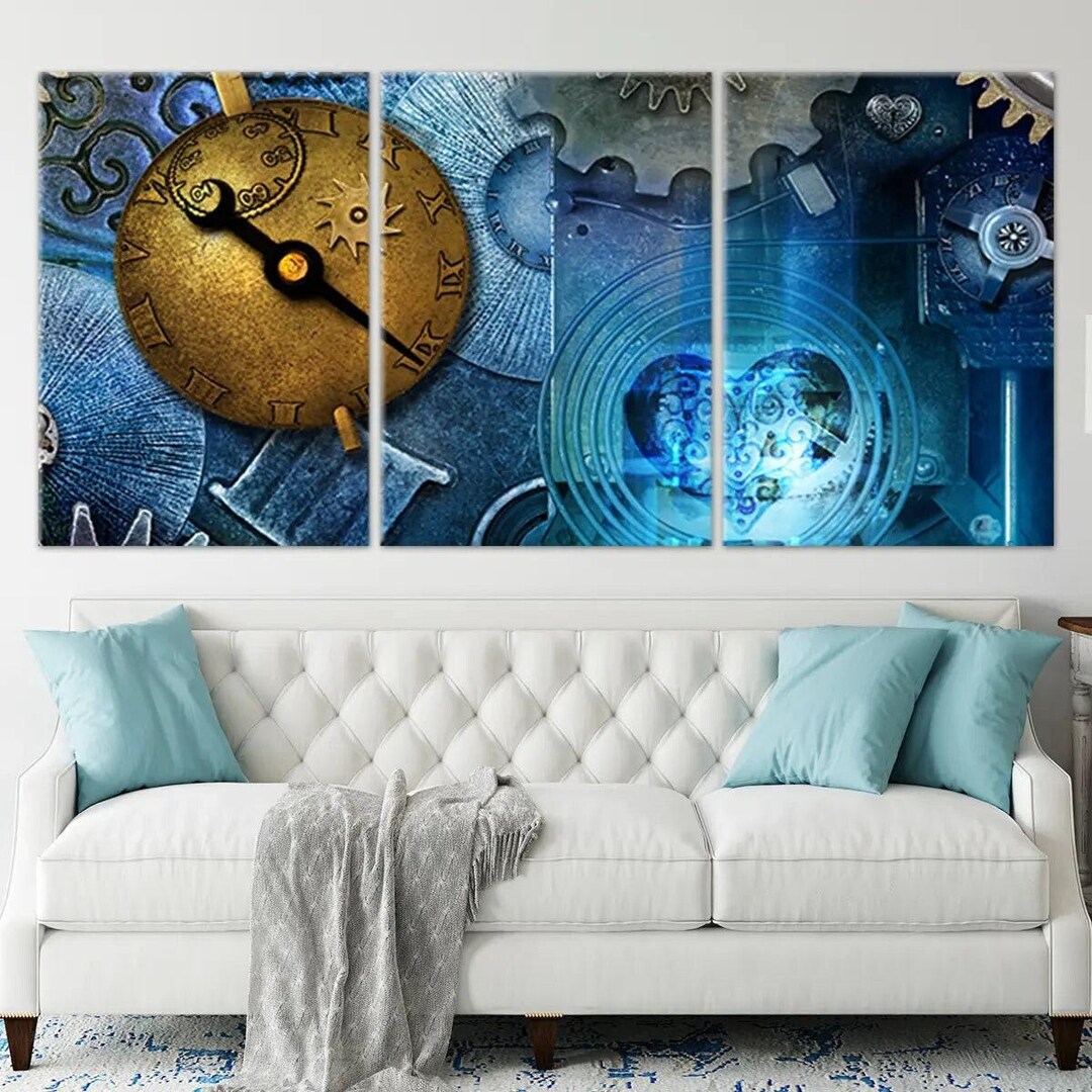 Steampunk Timepiece Fantasy - Golden Clock Canvas Art With Blue Hues ...