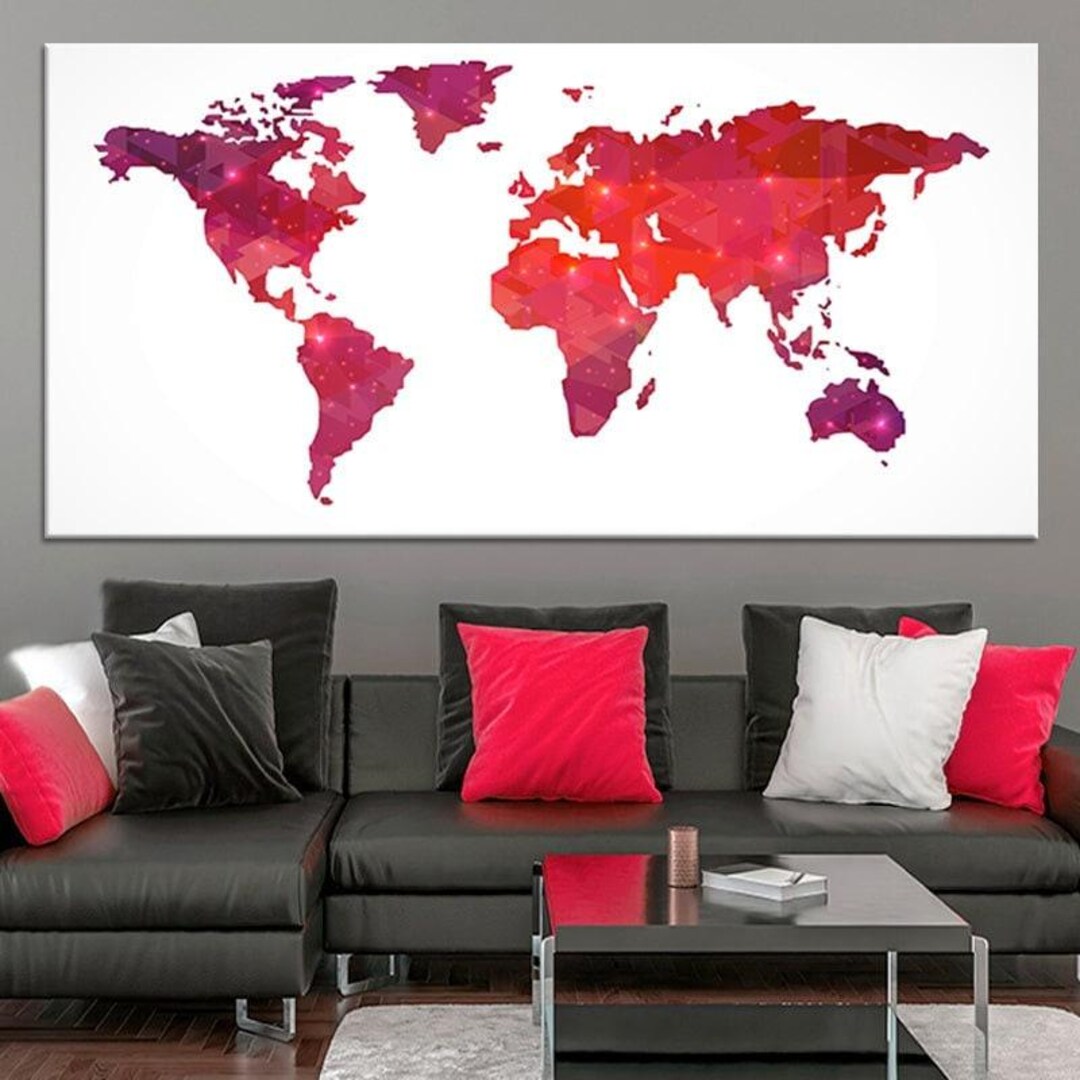 World Map Wall Art, Large Geometric World Map Canvas Print, Modern Pink ...